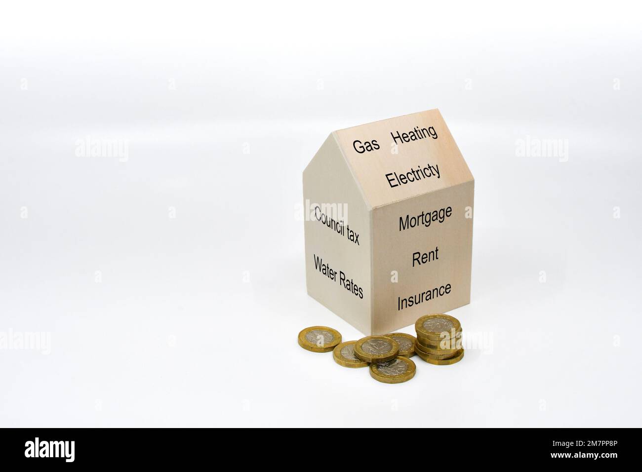 Small wooden house object with words on walls and roof, with one pound ...