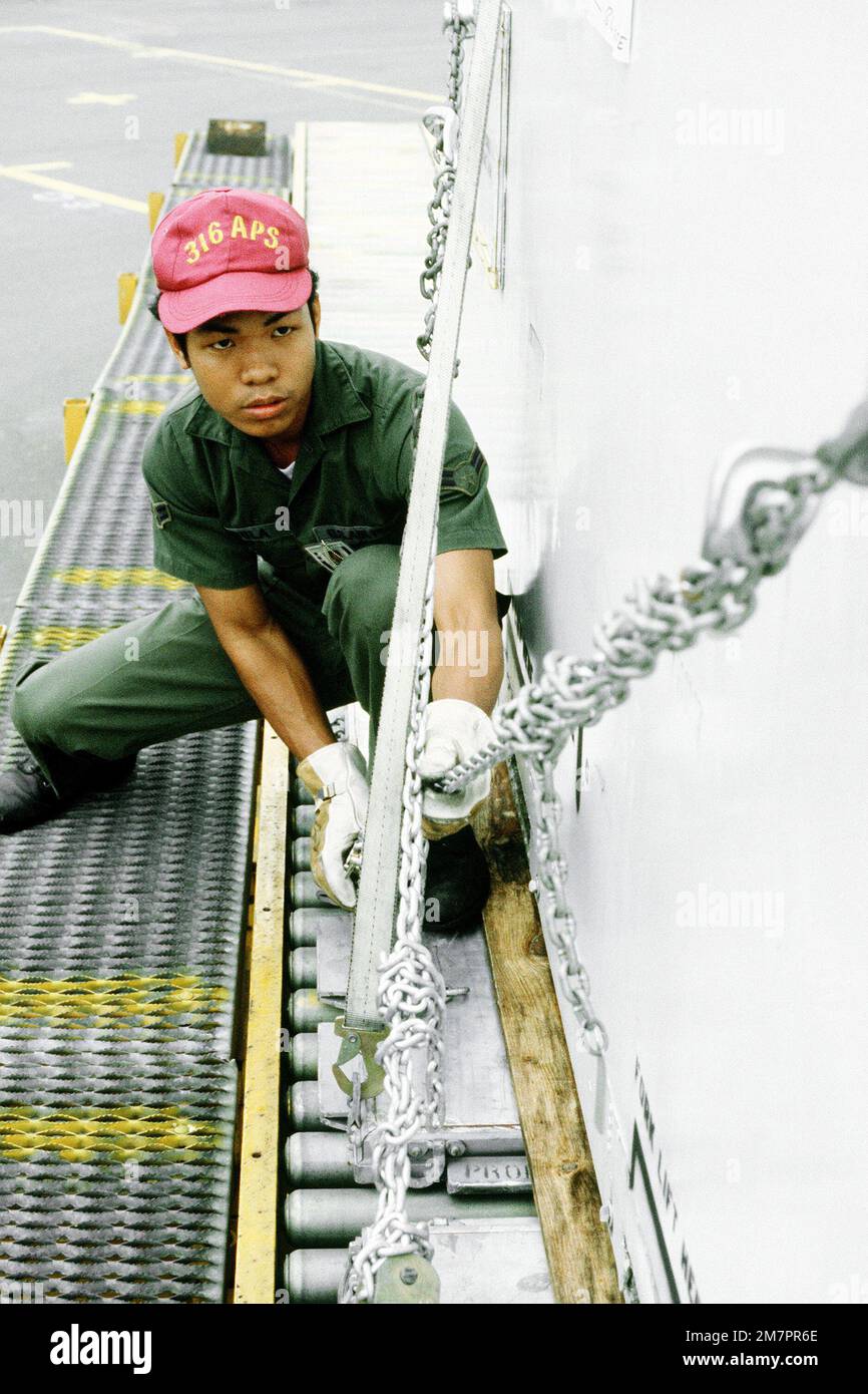AN airman 1ST class, 316th Aerial Port Squadron, assists in moving a ...