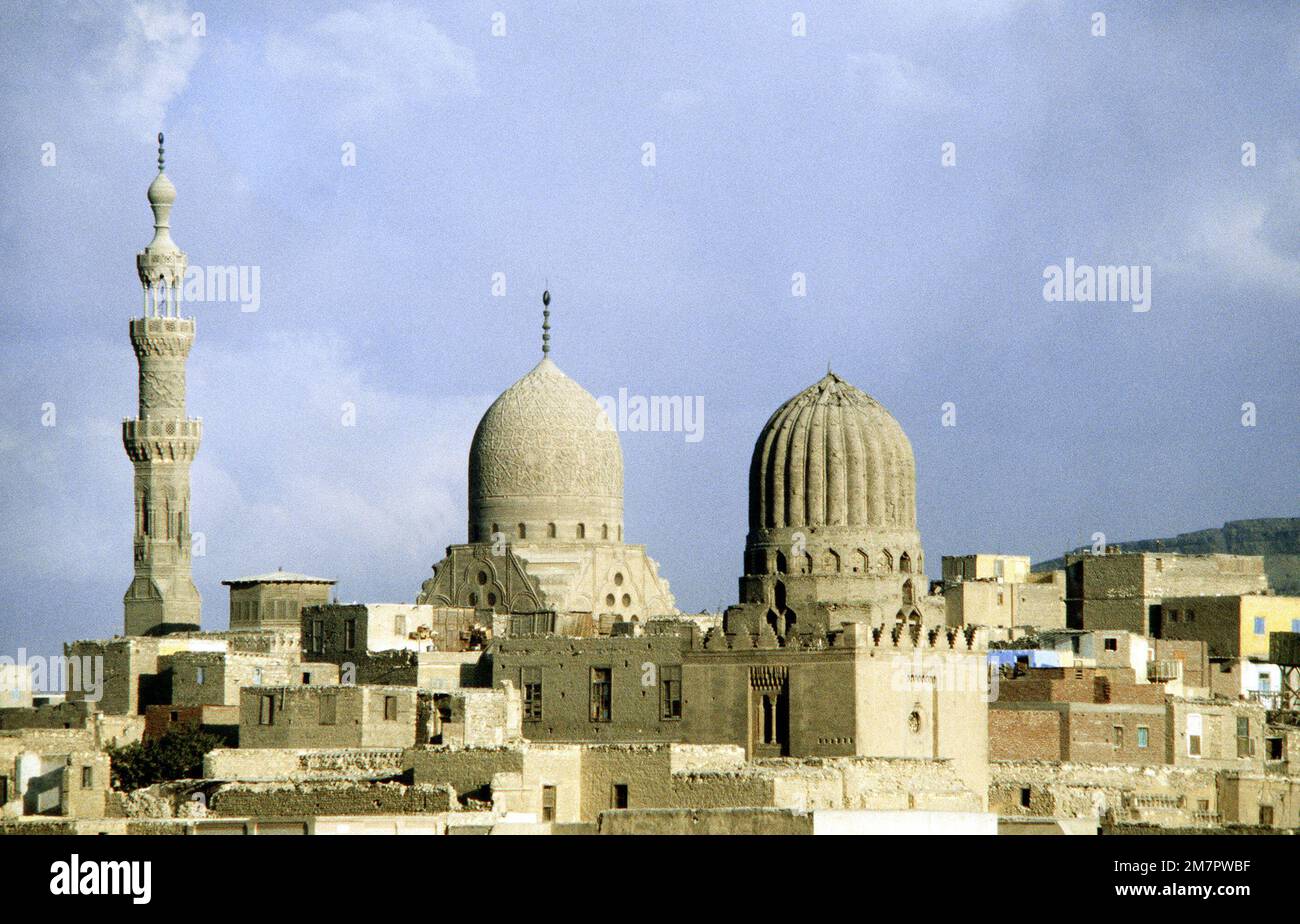 View of Cairo, Egypt skyline showing minarets, temple spires and other ...