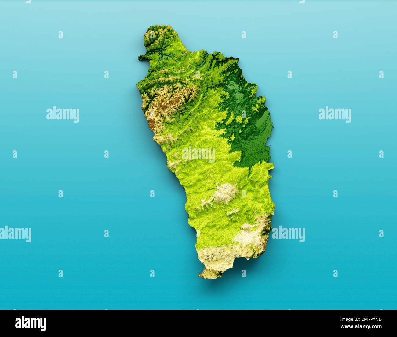 A 3d illustration of the Dominica topographic map on a blue background ...