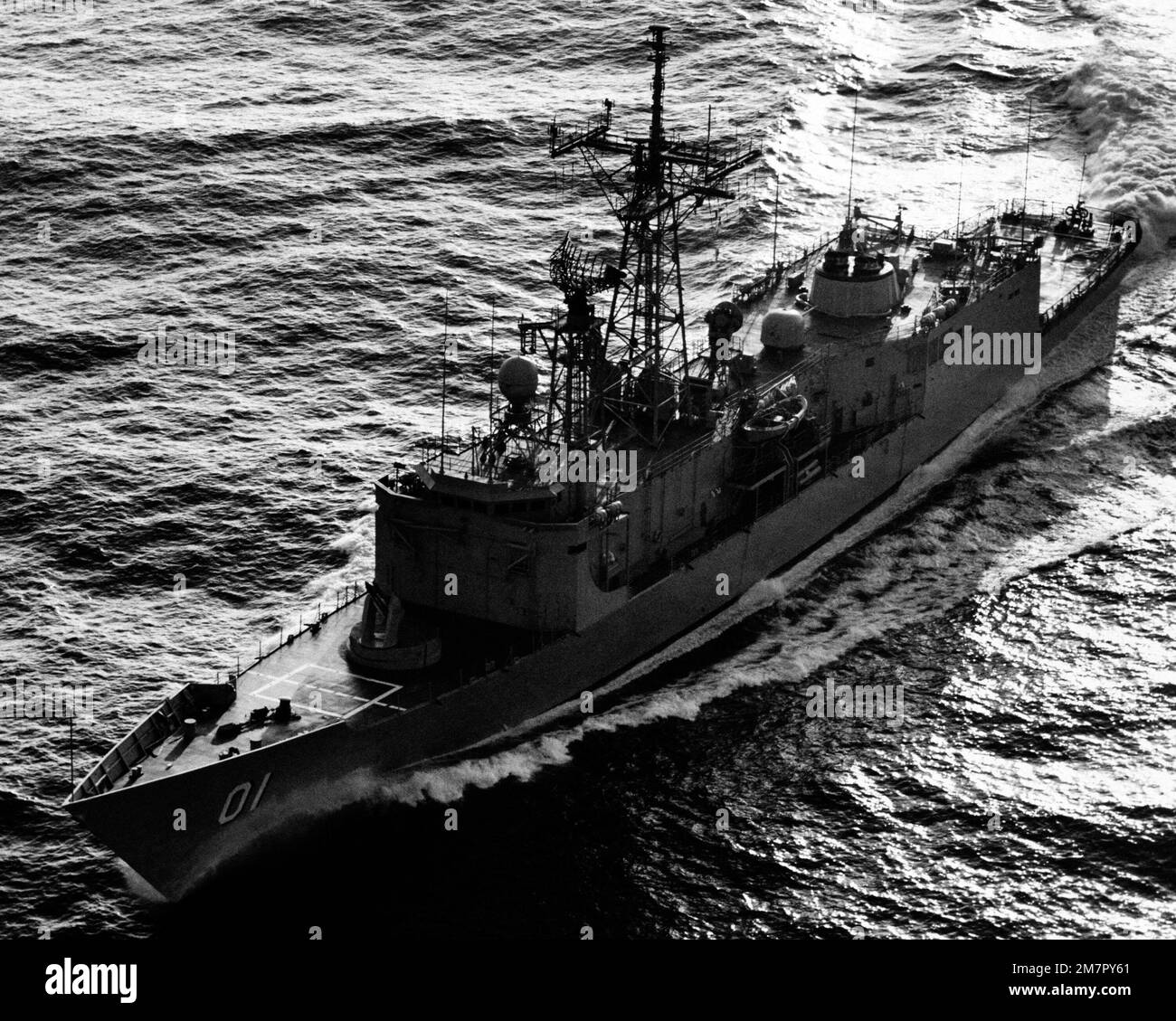 An aerial port bow view of the Australian frigate ADELAIDE (F-01 ...