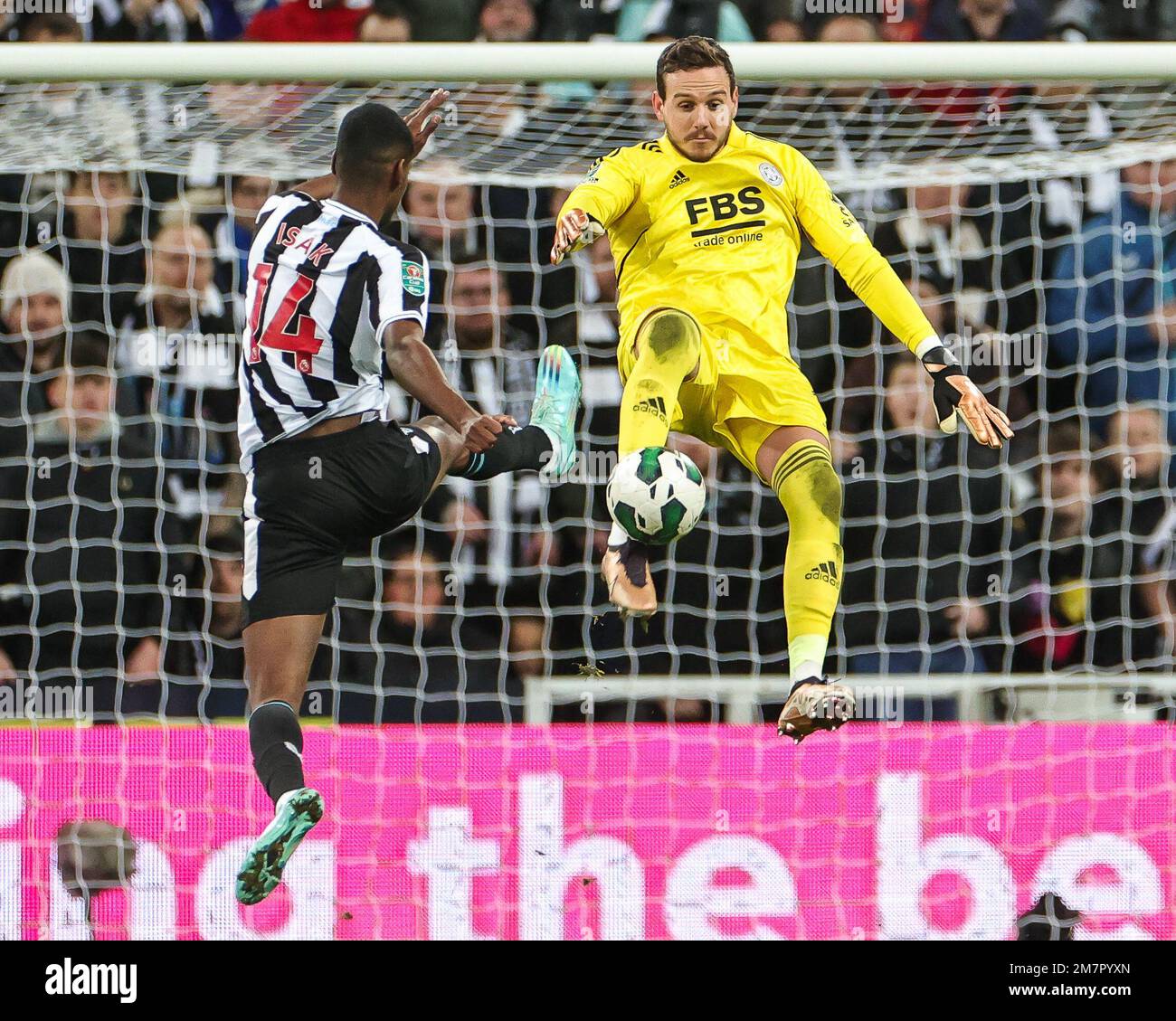 Danny Ward #1 of Leicester City clears the ball from Alexander Isak #14 ...