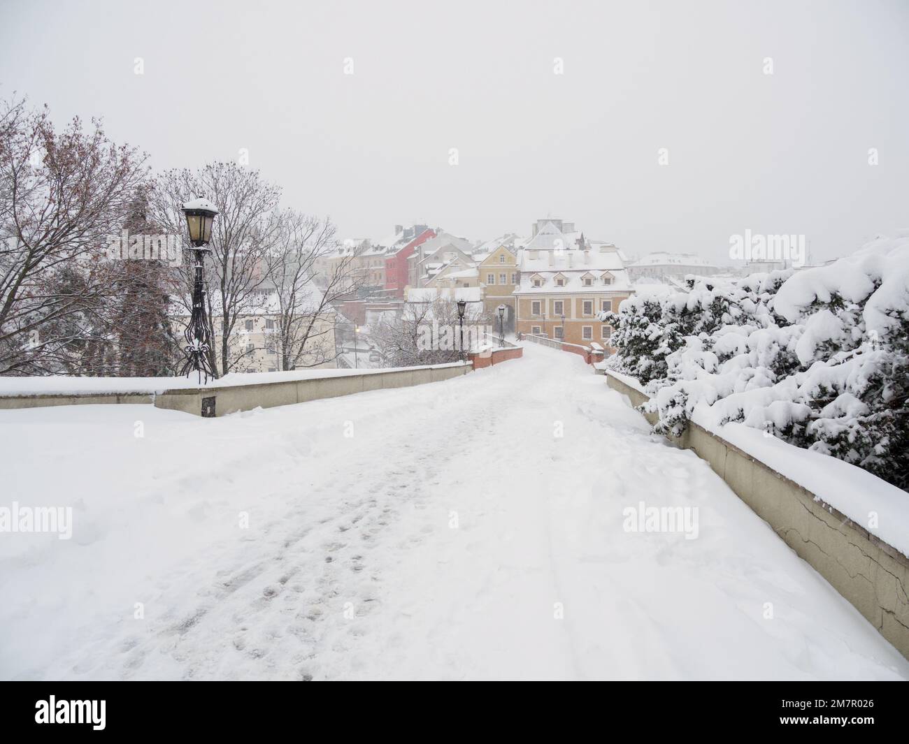 Lublin Old Town in winter. View from the side of the Royal Castle in ...