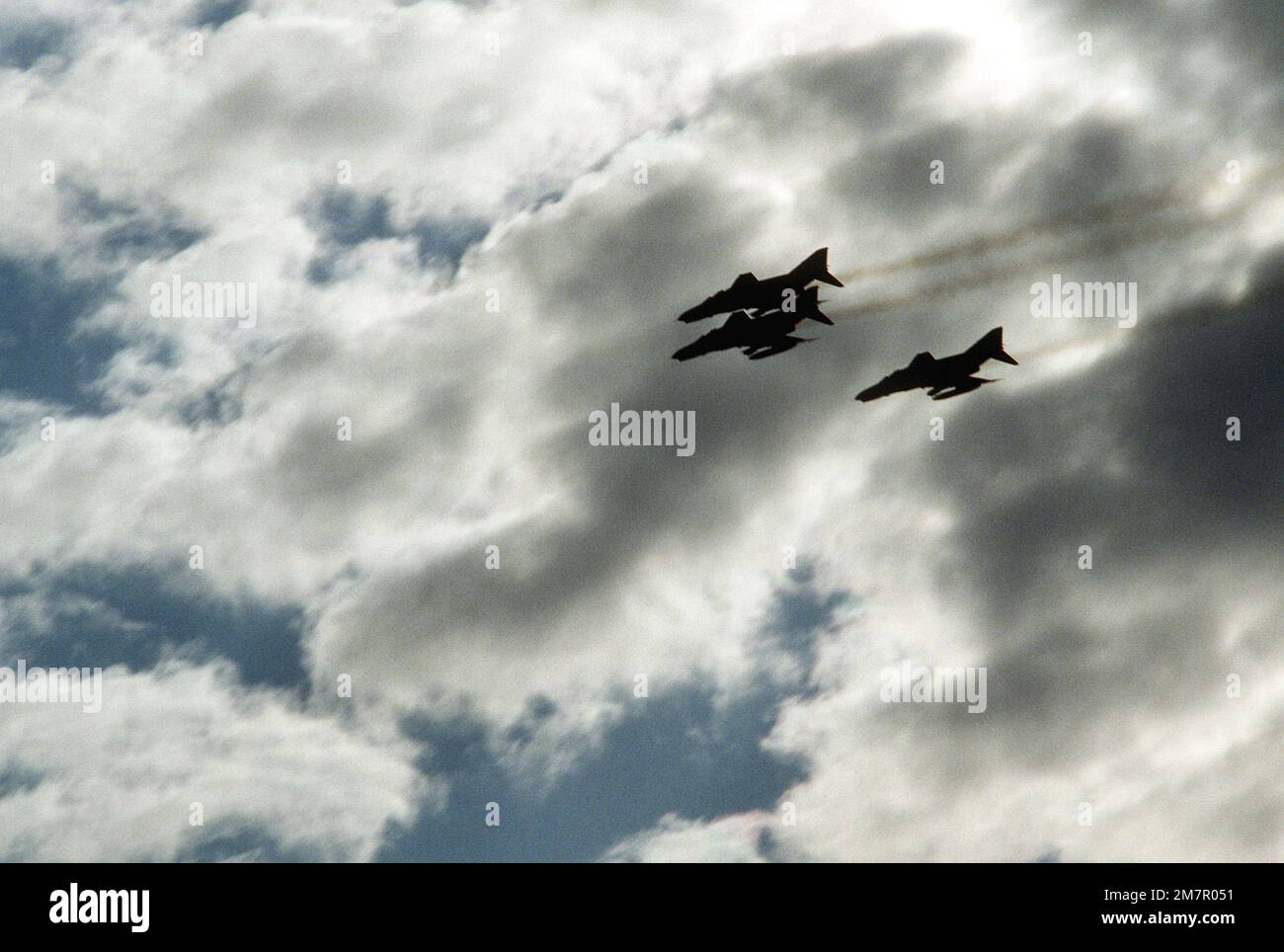 Three F-4E Phantom II aircraft are in flight over the Ripsaw Range for ...