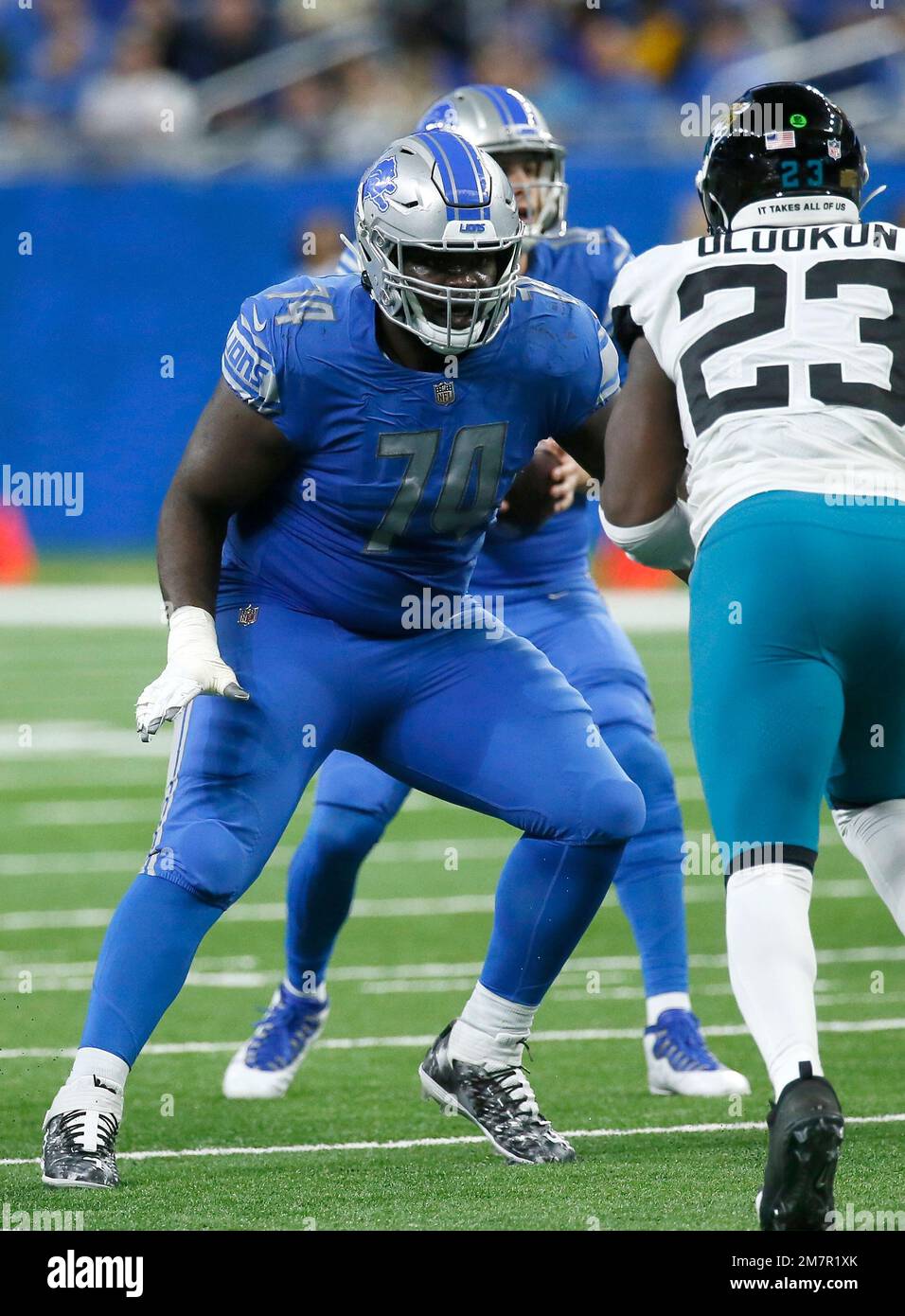Detroit Lions guard Kayode Awosika (74) blocks against Jacksonville ...