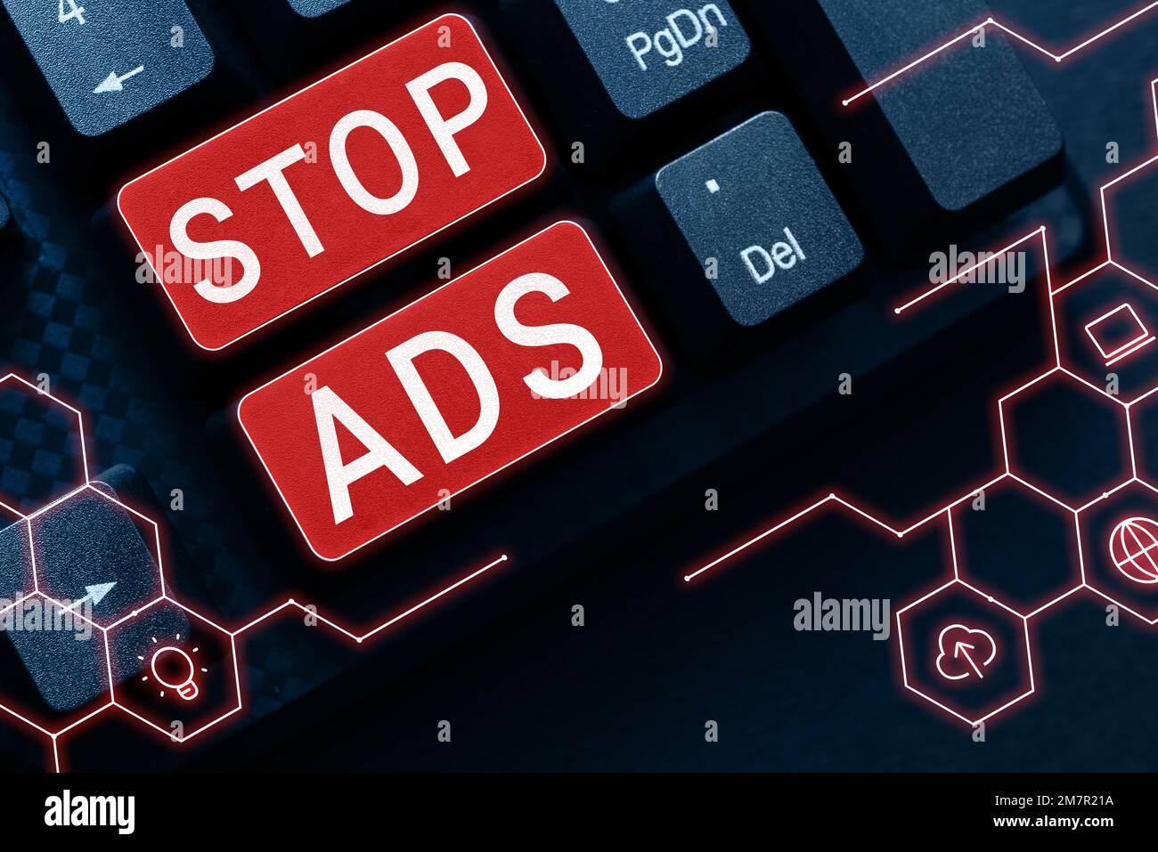 Hand writing sign Stop Ads. Business approach program that will remove ...