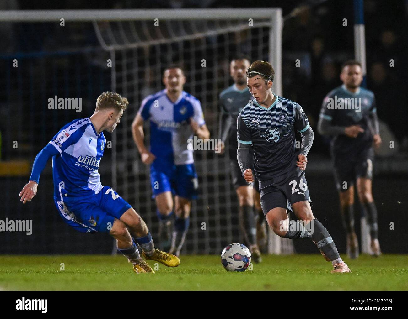 Plymouth Argyle midfielder Callum Wright (26) attacking with the ball ...