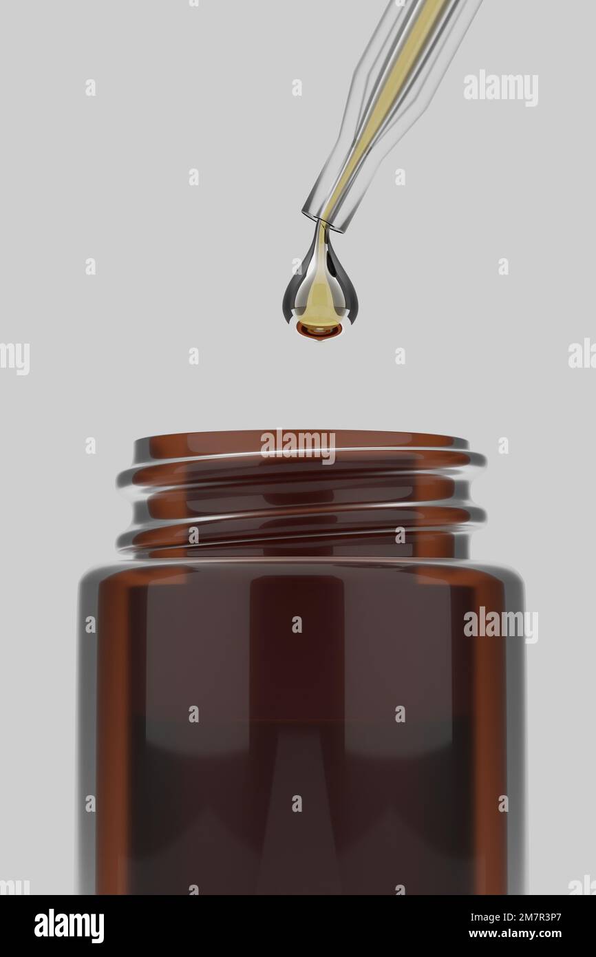 3d rendering Close up Essential oils serum with water drops in to the ...