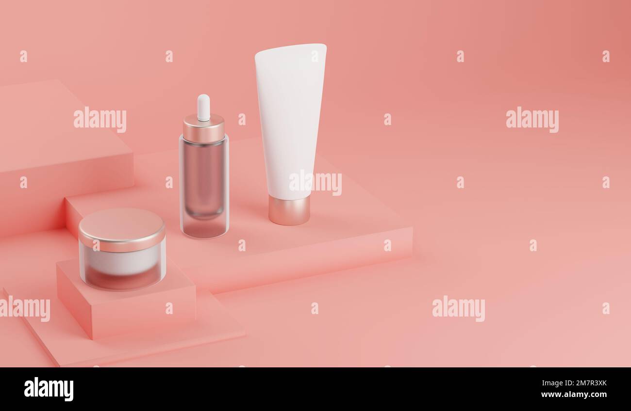 3d rendering mock up cosmetic bundle for skin care. White plastic ...