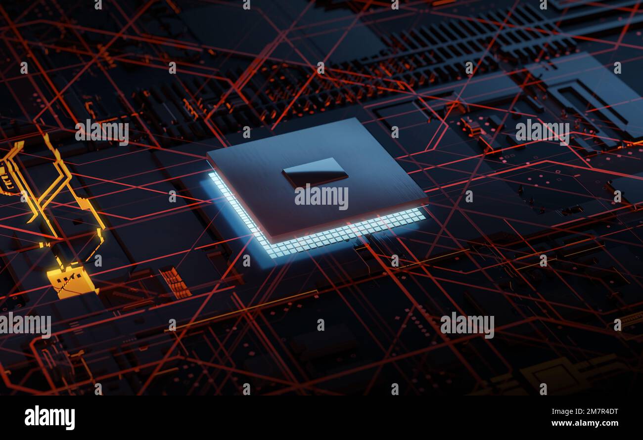 3D Rendering Glowing Chipset CPU on circuit board. electronic and ...