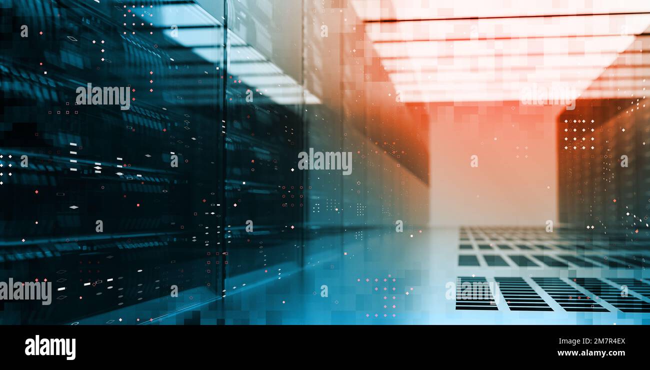 3d Rendering with server room programming data design element., Concept of big data running with ...