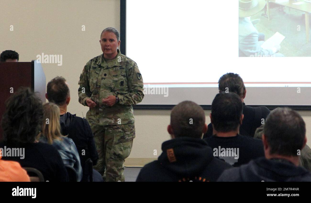 Lt. Col. Amy Cory, Sierra Army Depot commander, addresses members of ...