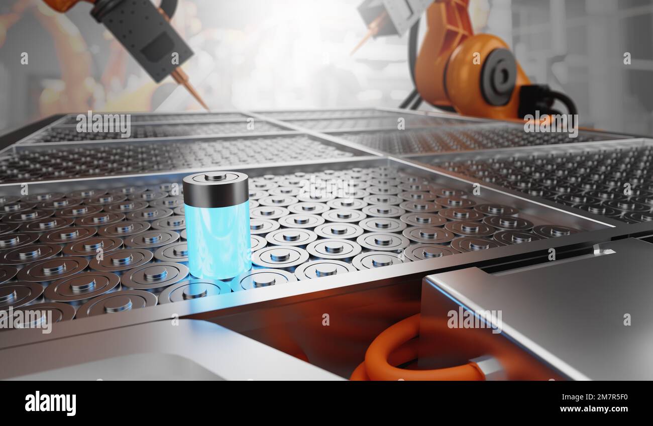 Battery assembly line with robotic arm Stock Photo - Alamy