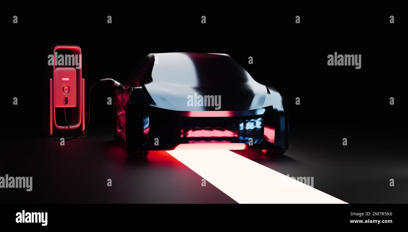 Electric car at charging station red light on dark background. EV ...