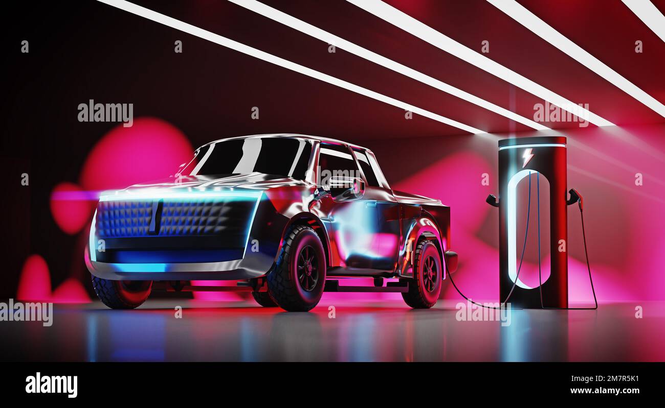 Electric truck car at charging station red smoke and light on dark ...