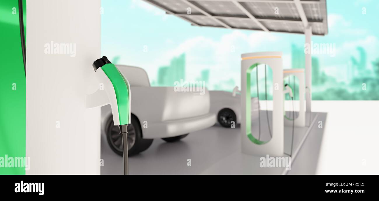 EV car parking charging at modern charger station. Renewable energy ...