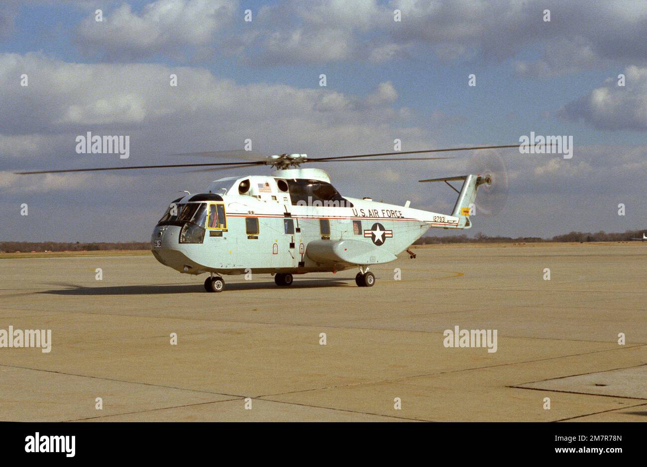 A left front view of an Air Force CH-3 Sea King helicopter parked on ...
