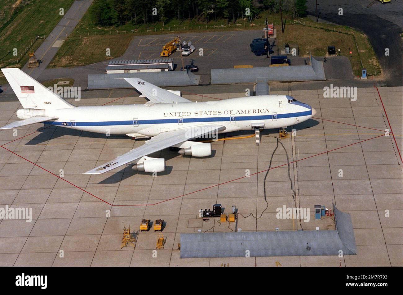 An aerial right side view of an Air Force E-4A Advanced Airborne ...