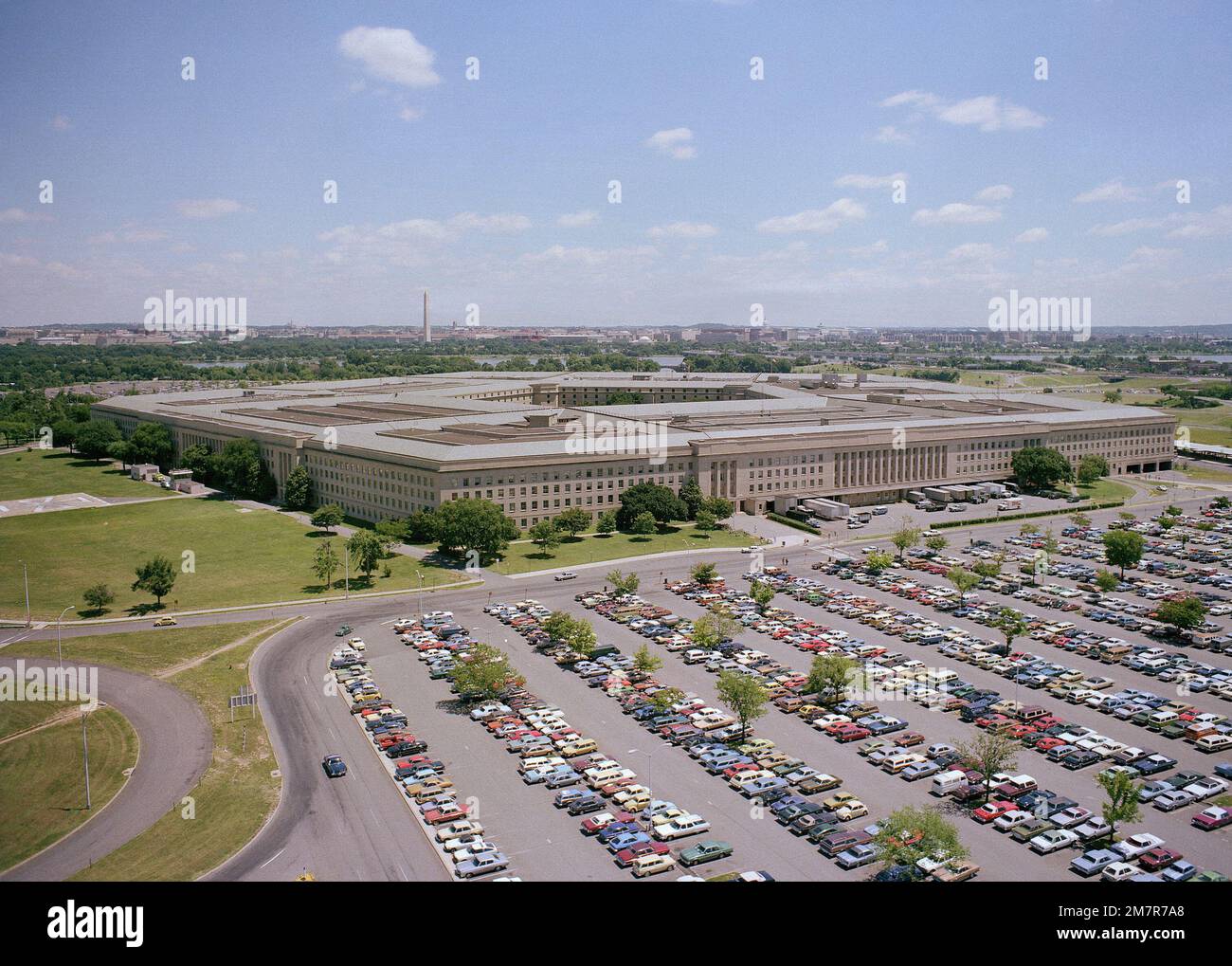 An aerial view of the Pentagon Building with the Washington Monument ...