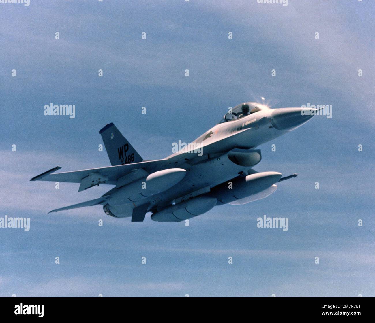 A right front view of an F-16A Fighting Falcon aircraft during ...