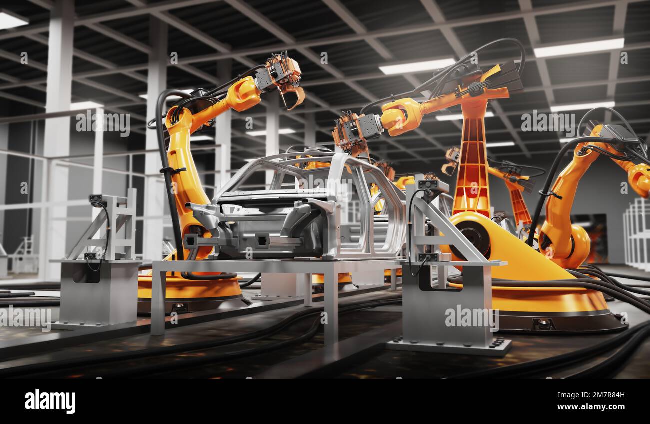 Automobile production line using robots to work in smart factories. 3d ...