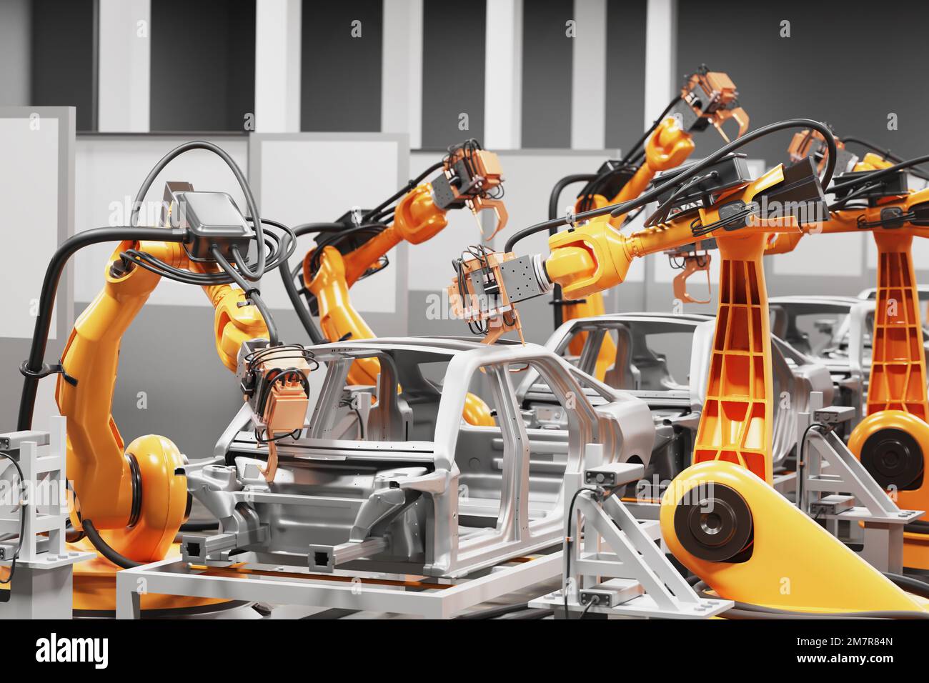 Automobile production line using robots to work in smart factories. 3d ...