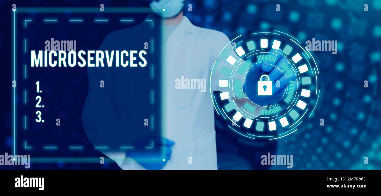 Conceptual caption Microservices. Word Written on Software development technique Building single ...