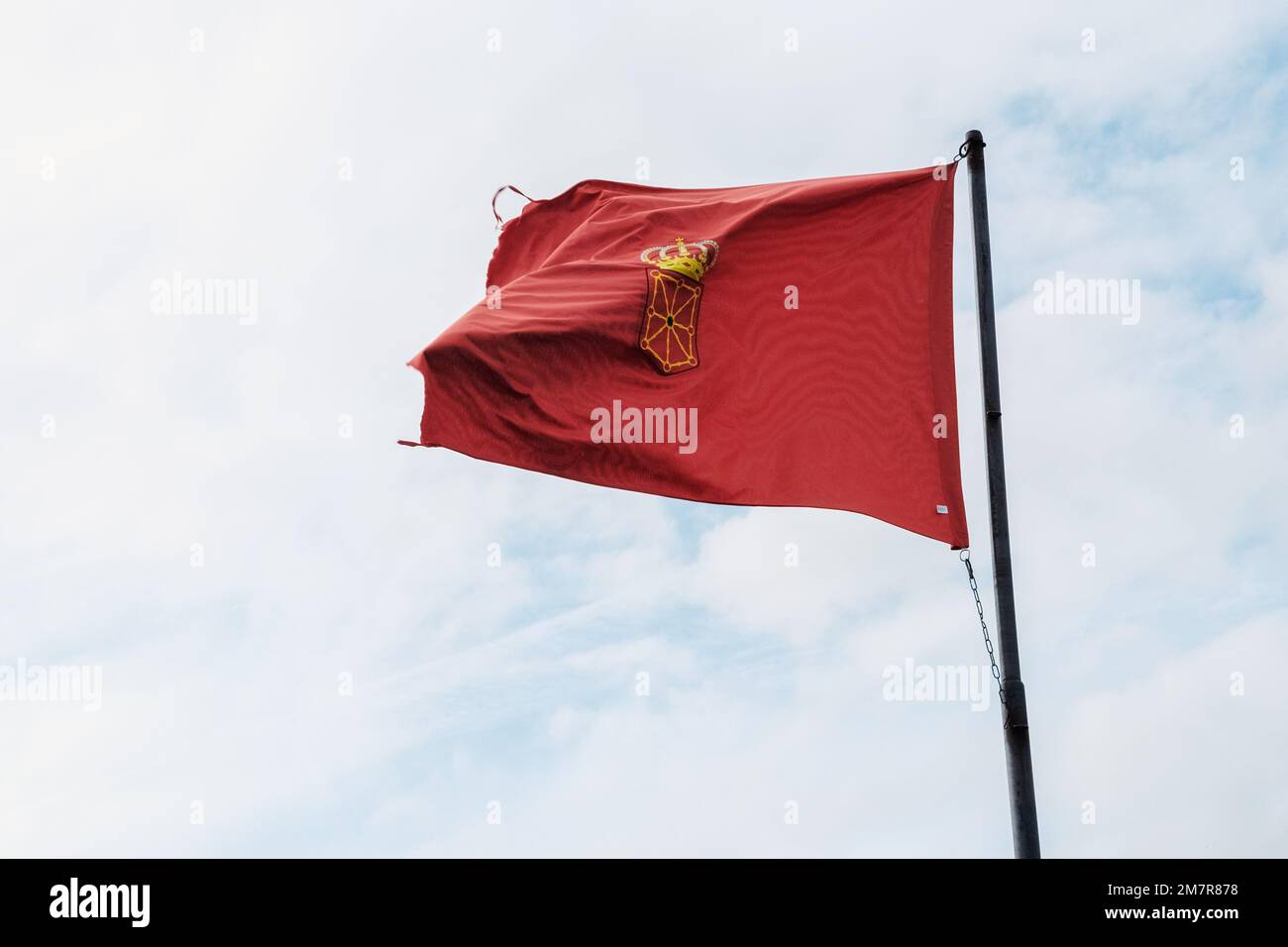 Flag of Navarra, Spain, waving in the wind on clear sky background ...
