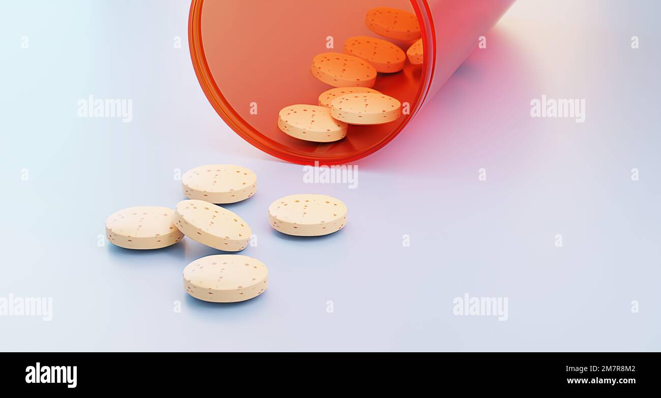 3d rendering Vitamin supplements were fired from a jar of orange ...