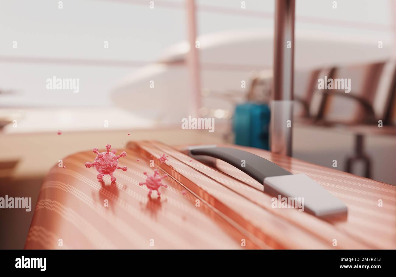 3d Rendering Virus COVID-19 on suitcase bag and Flight , travel ...