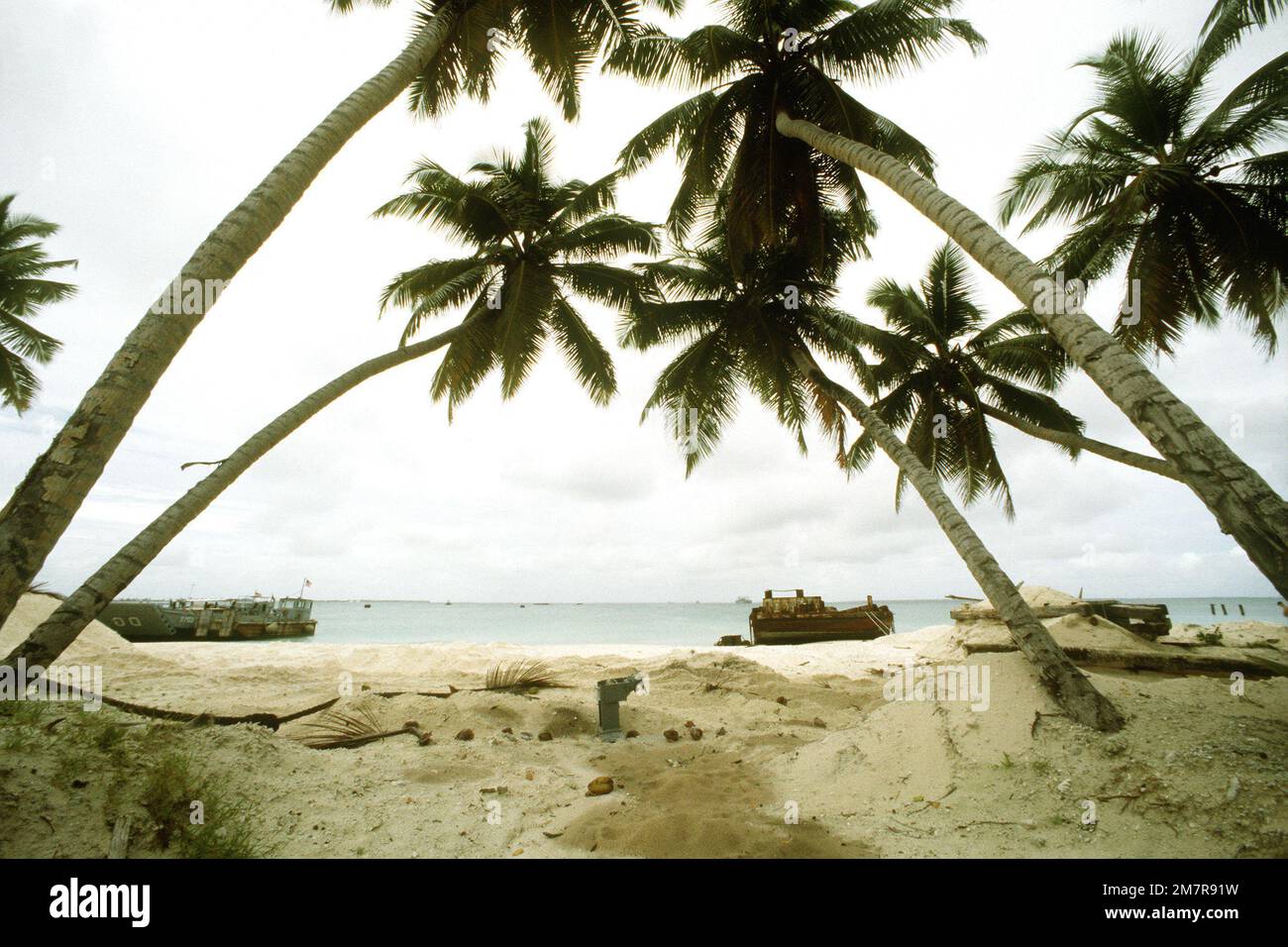 A view of several amphibious landing craft along the coast of the ...