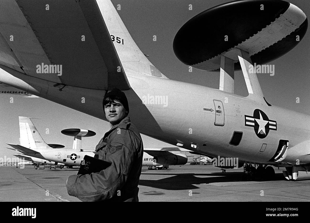 Crew chief A1C Ronald Mitchell, on duty to inspect E-3A Airborne ...
