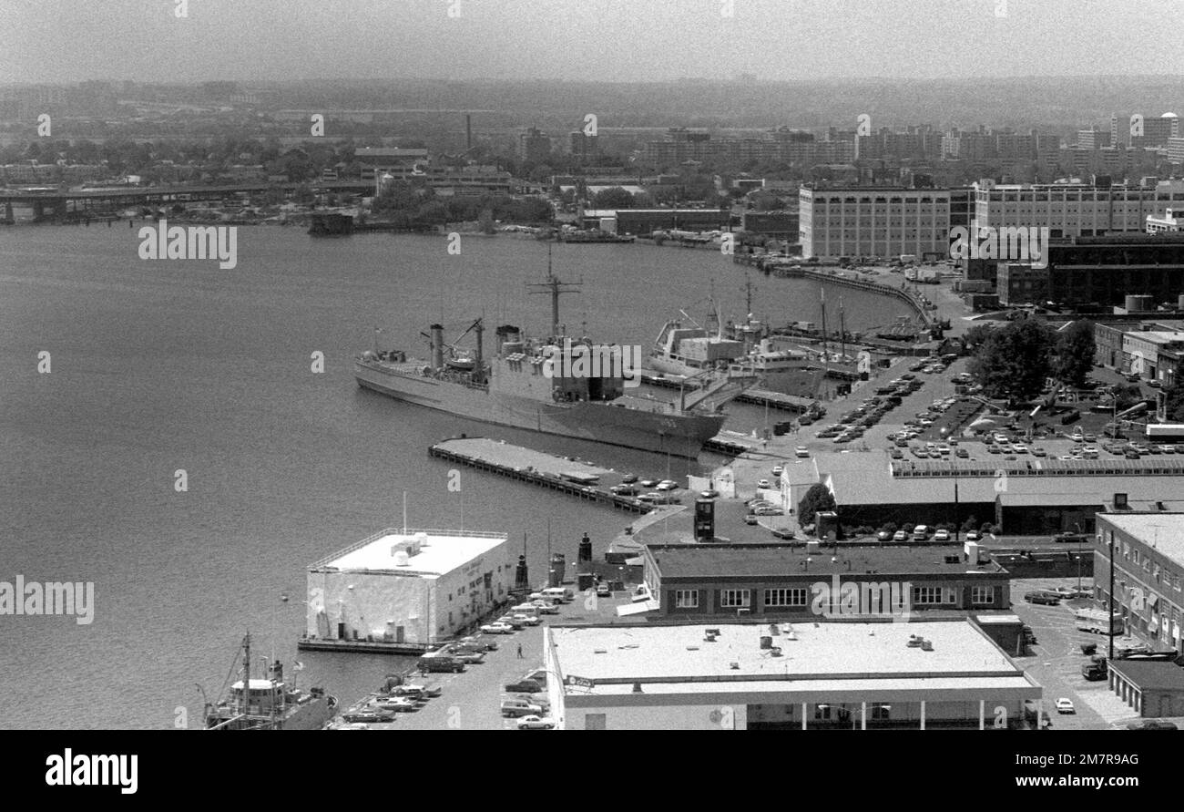 An aerial starboard bow view of the tank landing ship USS FAIRFAX ...