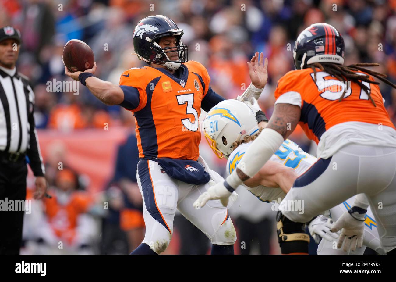 Denver Broncos quarterback Russell Wilson (3) in an NFL football game ...