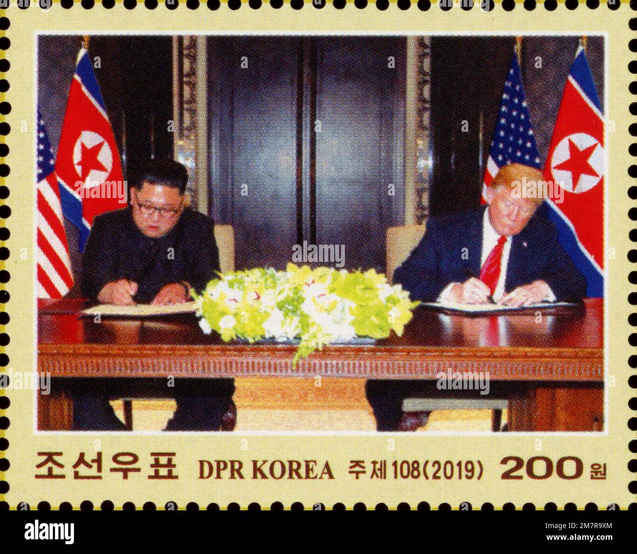 2019 North Korea stamp. First DPRK-US Summit - Kim Jong Un and Donald J ...