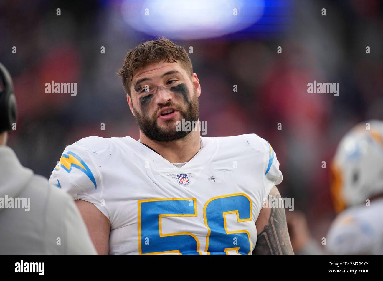 Los Angeles Chargers defensive end Morgan Fox (56) in an NFL football ...