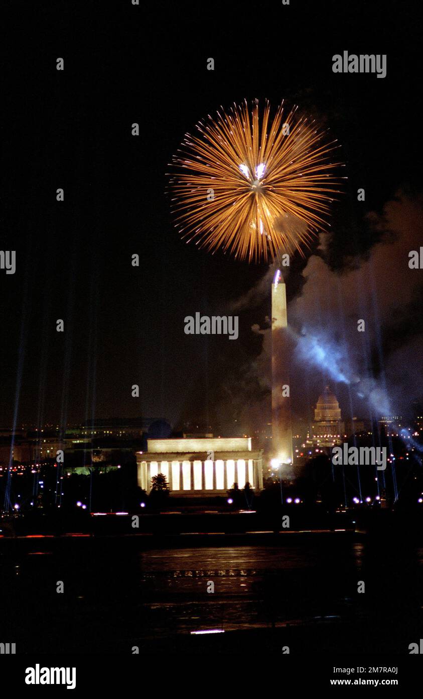 Night scene of the fireworks on the mall that brought the Inauguration ...