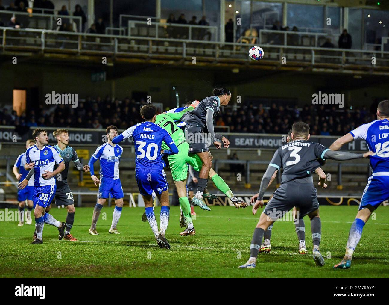 Bristol Rovers goalkeeper Anssi Jaakkola (32) punches the ball away to ...