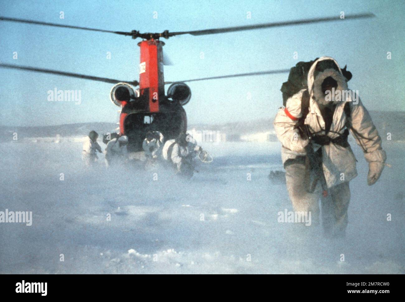 Army personnel leave a C-47 Chinook helicopter at Clear Creek Landing ...