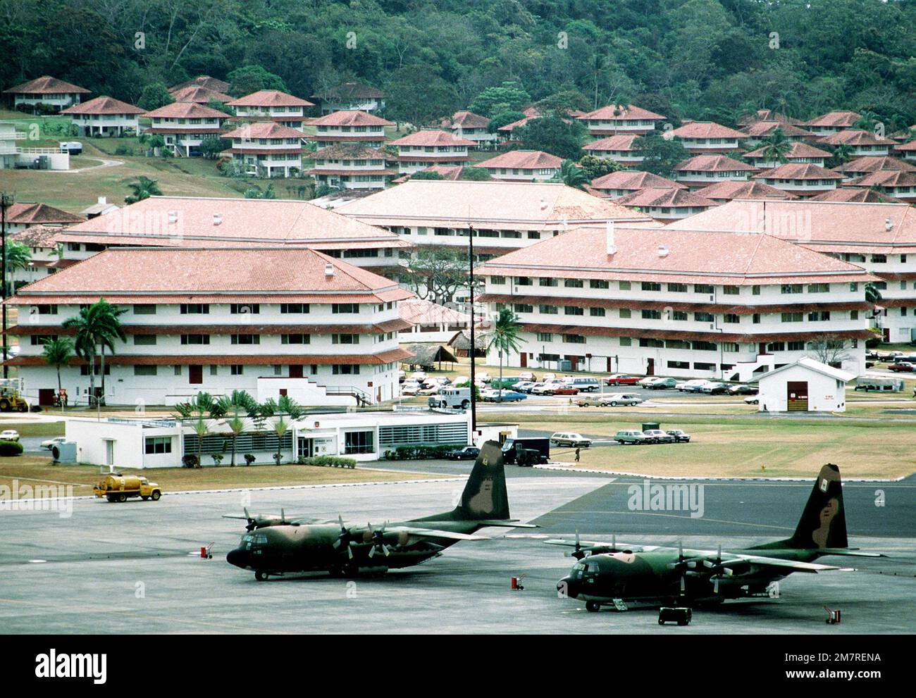 An aerial view of C-130E aircraft on he airfield during exercise Black ...
