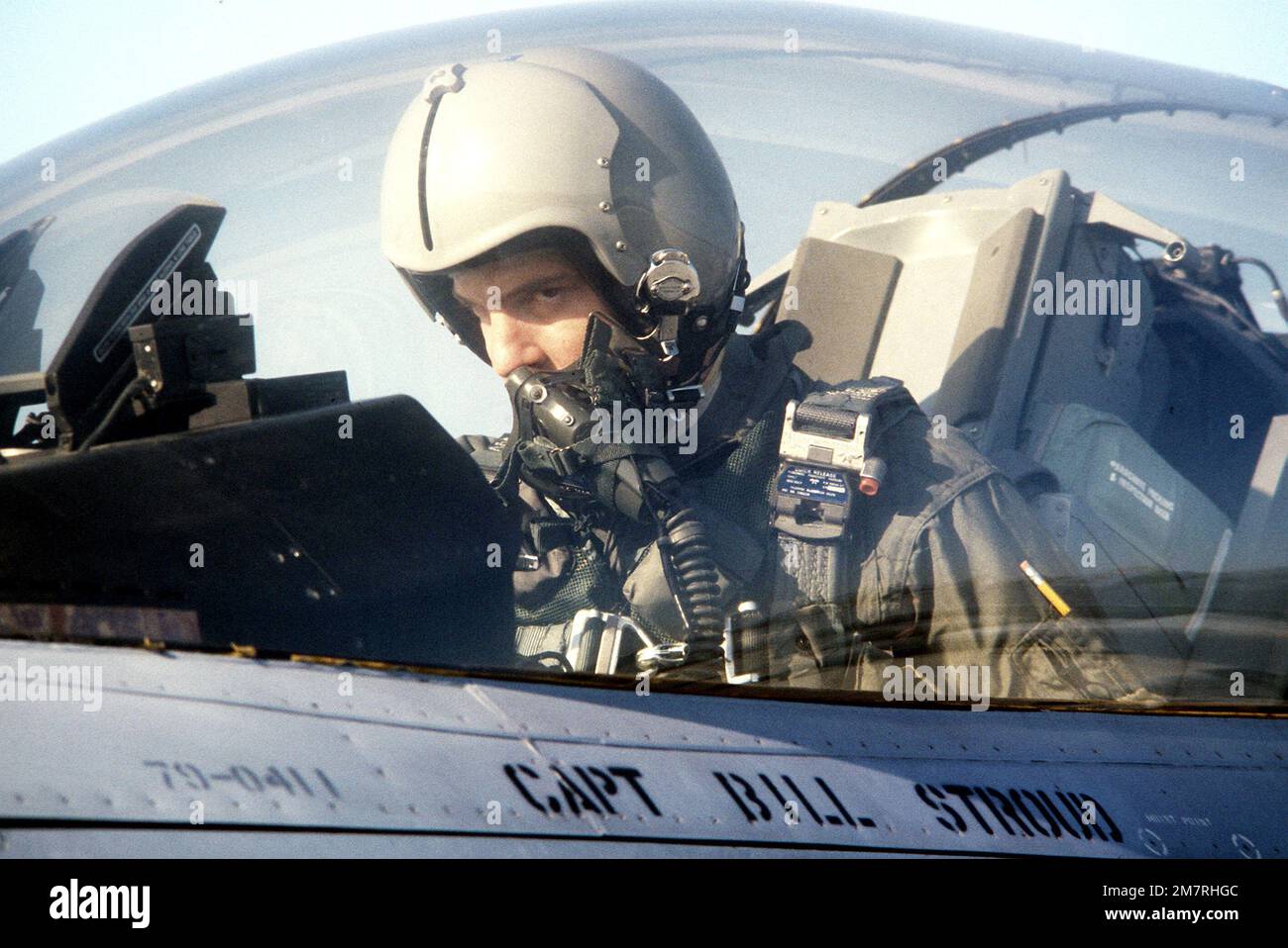 CPT Bill Stroud prepares to taxi his F-16 Fighting Falcon aircraft into ...