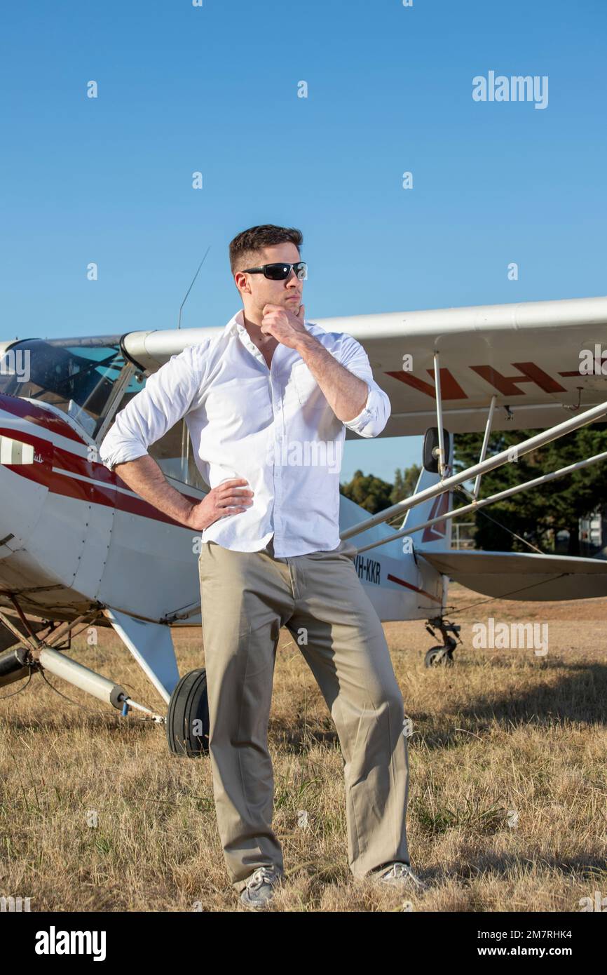 A young male pilot with a Piper Super Cub Stock Photo - Alamy