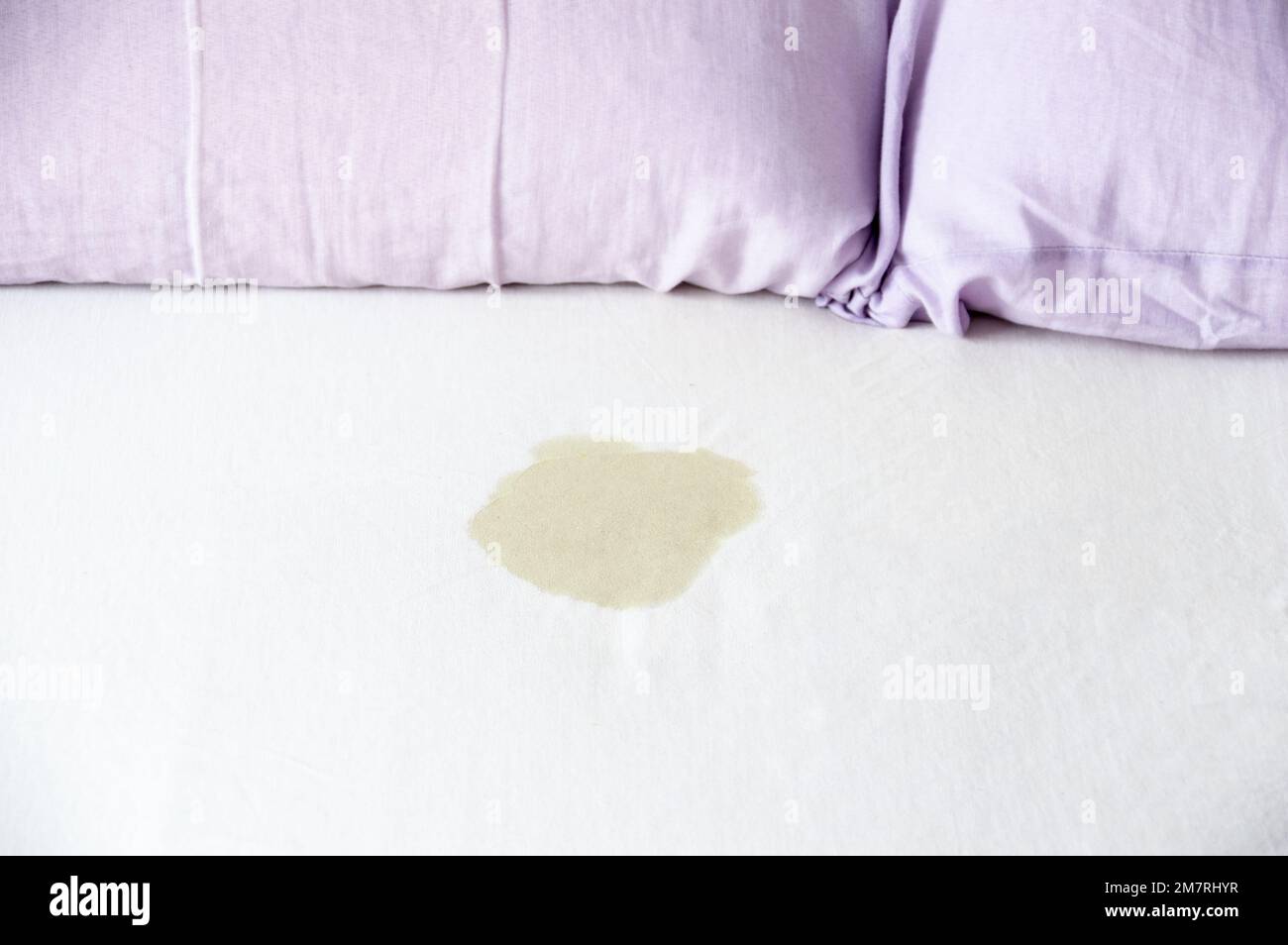 close up urine residue on a bed caused by a pet on the bed in the ...