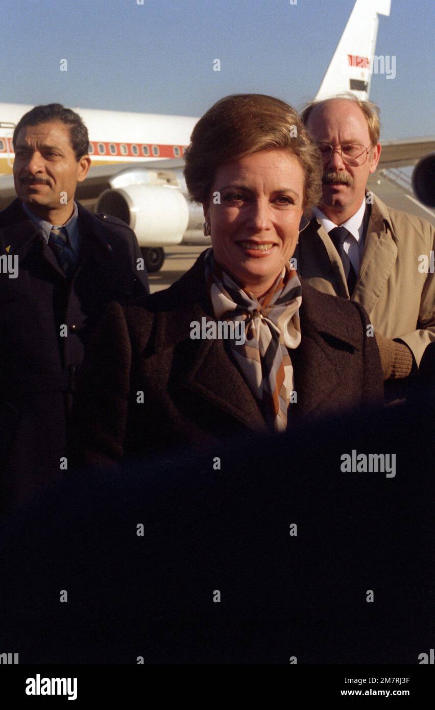 Mrs. Sadat, wife of President Anwar Sadat of Egypt, arrives for a visit ...