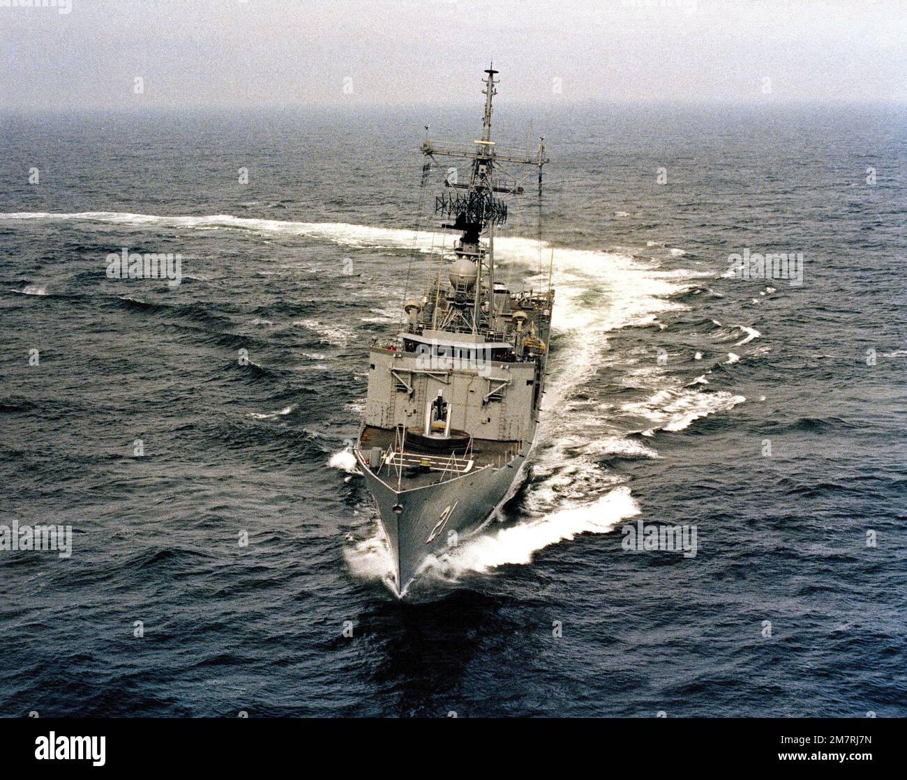 Aerial bow view of the Oliver Hazard Perry class guided missile frigate ...