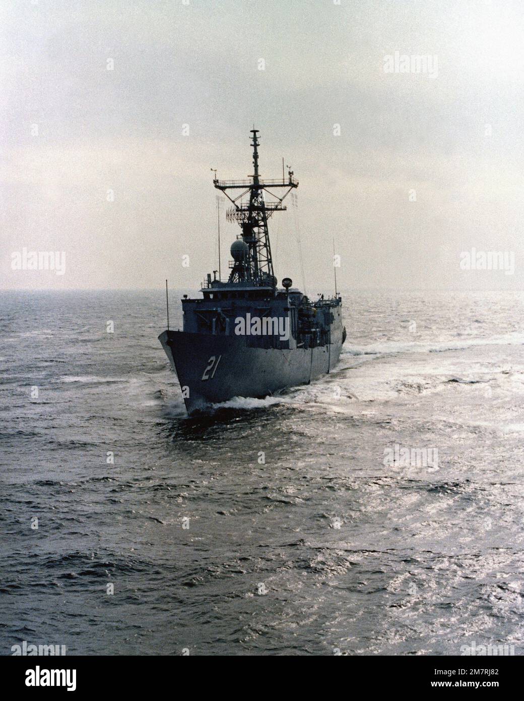Aerial port bow view of the Oliver Hazard Perry class guided missile ...