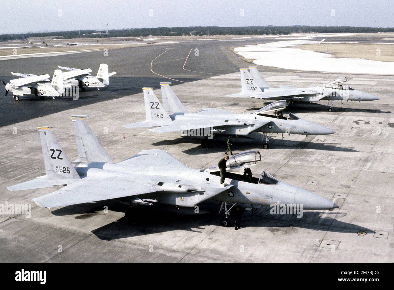 A right side view of parked F-15 Eagle aircraft from the 12th Tactical ...