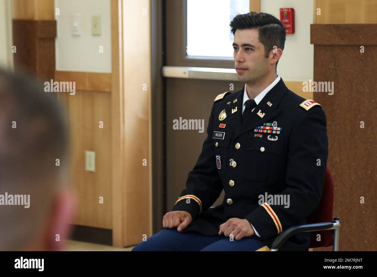 U.S. Army Capt. Nicholas Wilson responds to questions during a military ...