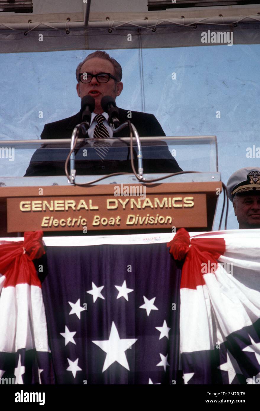 General Dynamics Executive Vice President-Marine, P. Takis-Veliotis, speaks at the commissioning ...