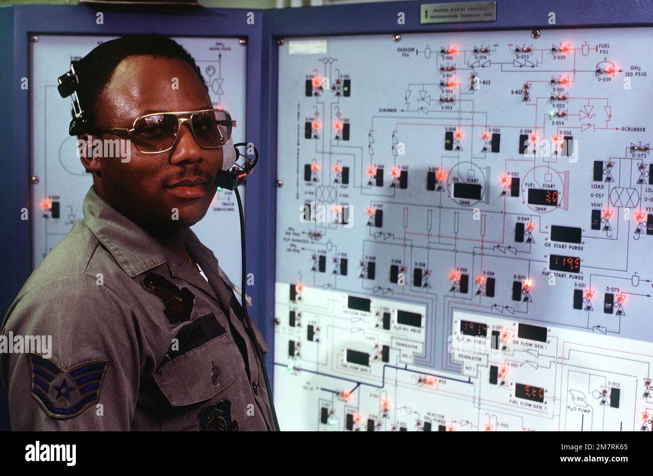 SSGT Thomas stands at the control panel for the satellite thruster ...